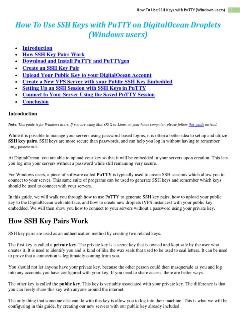 How To Use SSH Keys With PuTTY On DigitalOcean Droplets PDF | PDF | Secure Shell | Computer ...