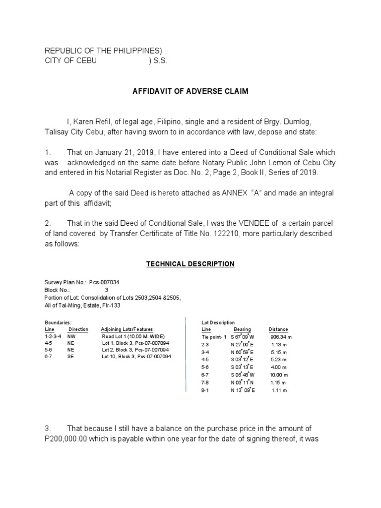 Affidavit of Adverse Claim | PDF | Deed | Affidavit