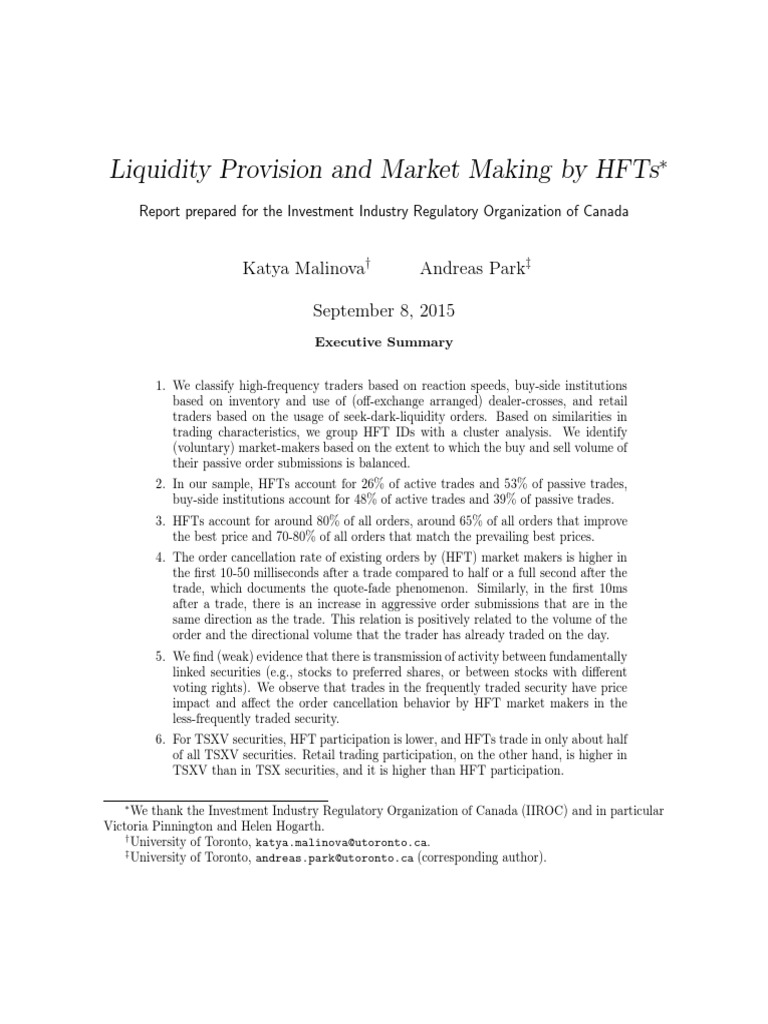 Liquidity Provision and Market Making by Hfts | PDF | High Frequency ...