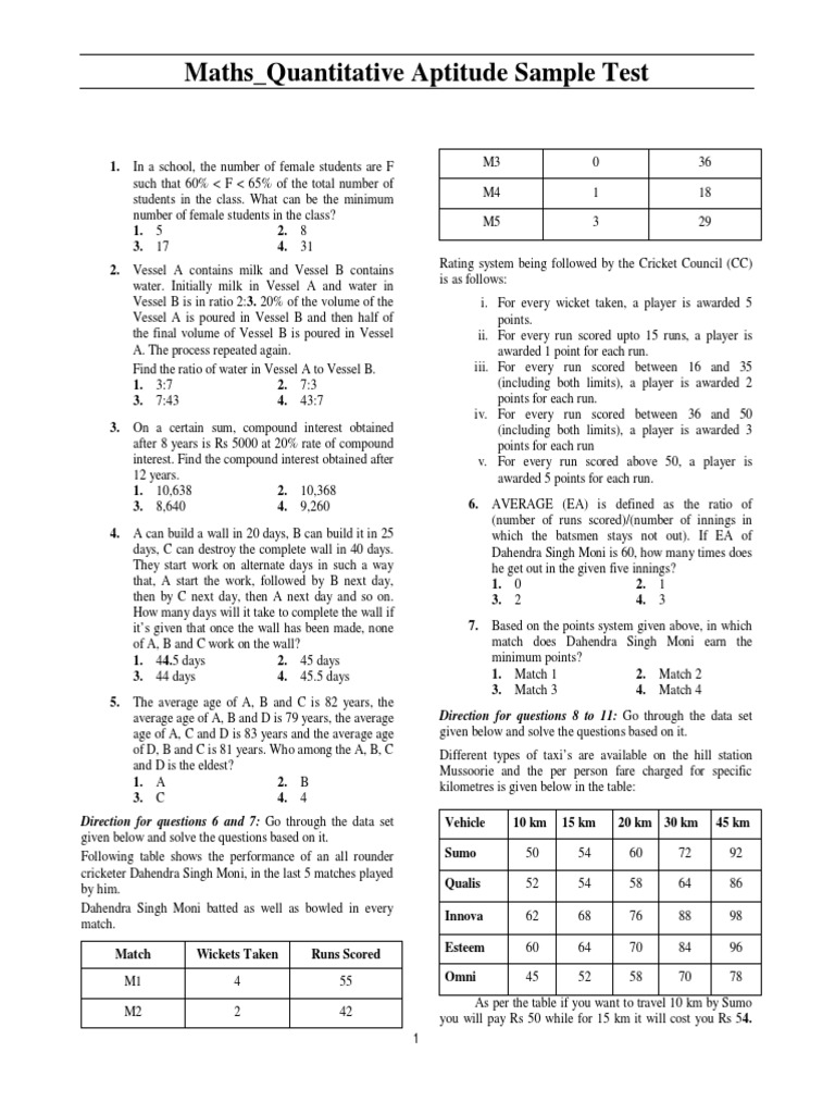 Maths - Quantitative Aptitude Sample Test: Direction For Questions 8 To ...