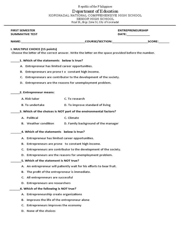 Entrepreneurship Summative Test Q1 | PDF | Entrepreneurship | Marketing