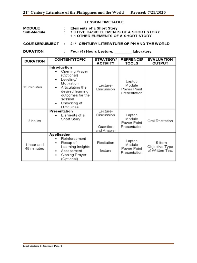 Module 5 Elements of A Short Story | PDF | Plot (Narrative) | Narration