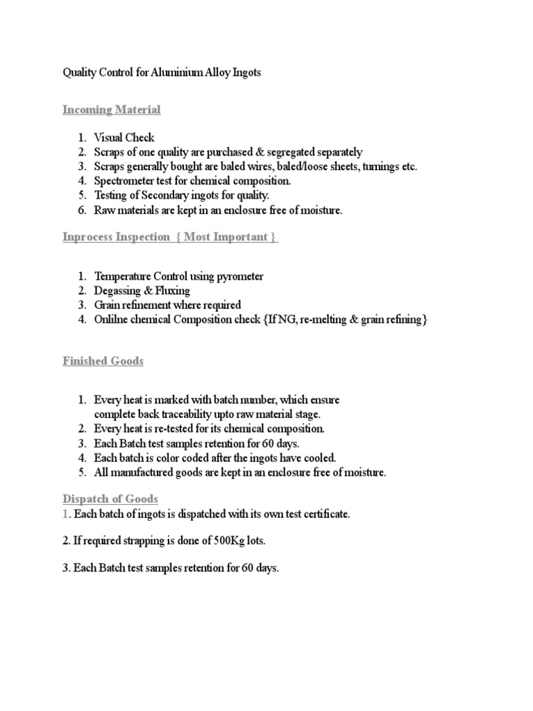 Quality Control For Aluminium Alloy Ingots | PDF