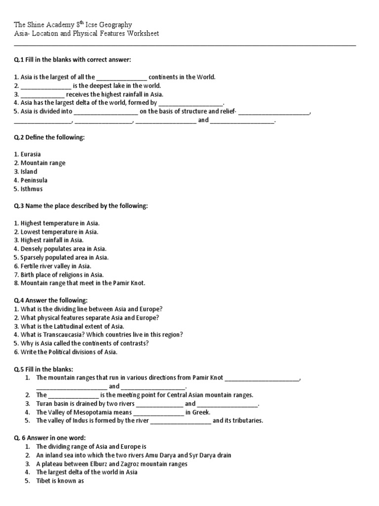 Asia: Location and Physical Features Worksheet | PDF