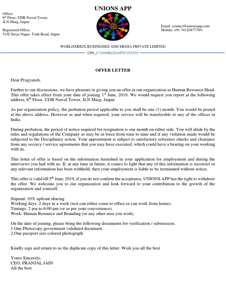 Unions App: Offer Letter | PDF | Government | Government Information