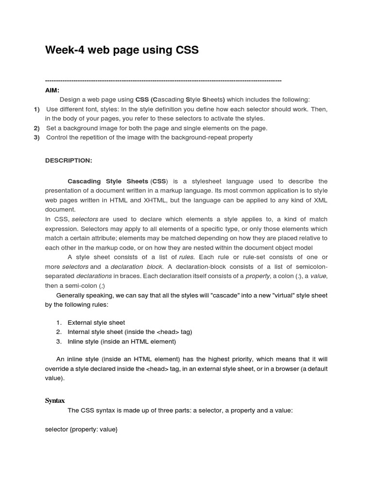 WEEK 4 Design A Web Page Using CSS (Cascading Style Sheets) | PDF | Cascading Style Sheets ...
