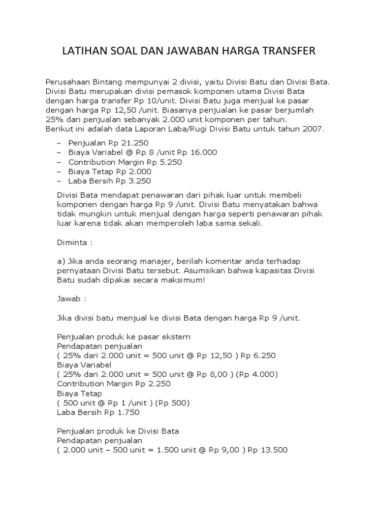 Latihan Soal Dan Jawaban Harga Transfer PDF | PDF