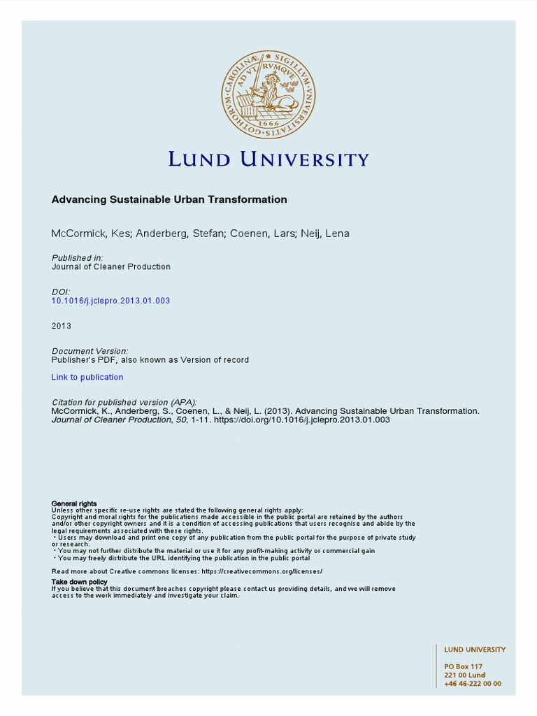 Advancing Sustainable Urban Transformation: Mccormick, Kes Anderberg ...