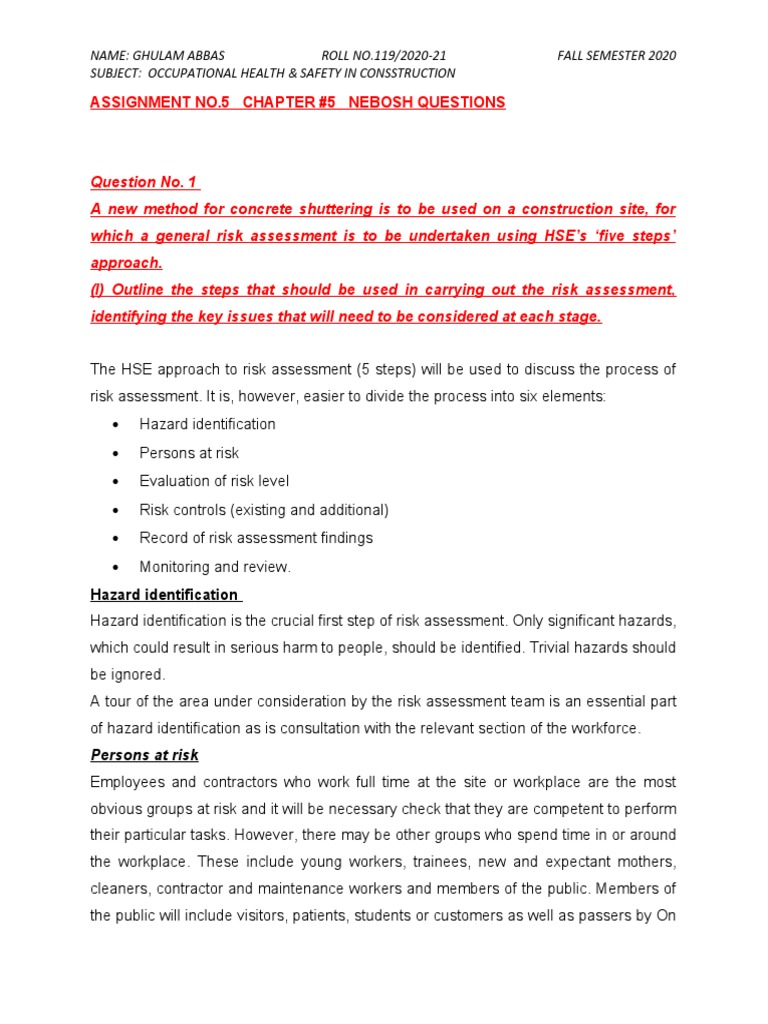 Chapter 5 NEBOSH QS Assignment | PDF | Occupational Safety And Health | Risk Assessment