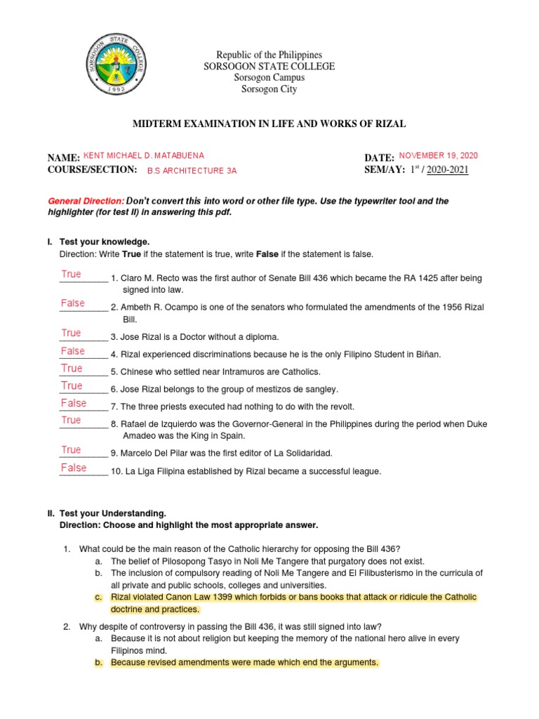 Midterm Examination in Life and Works of Rizal | PDF | Philippines | Religion And Belief