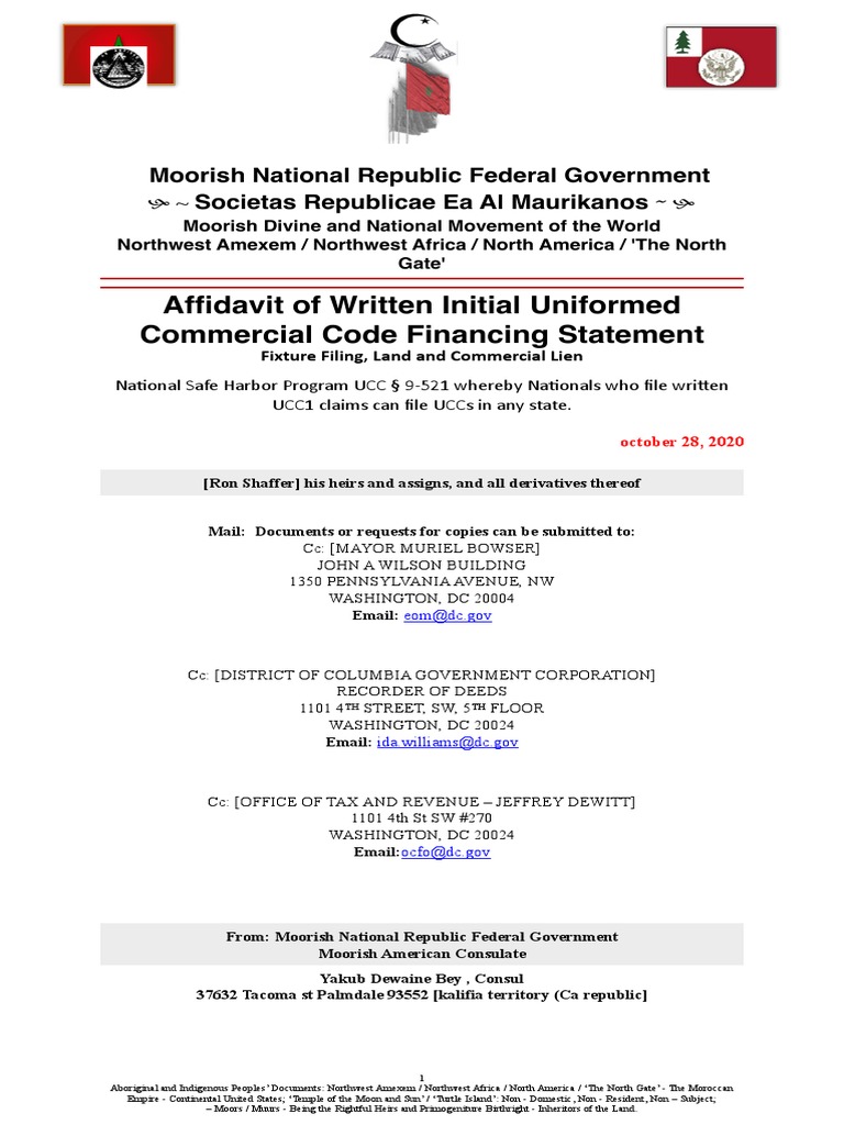 Affidavit of Written Initial Uniformed Commercial Code Financing ...