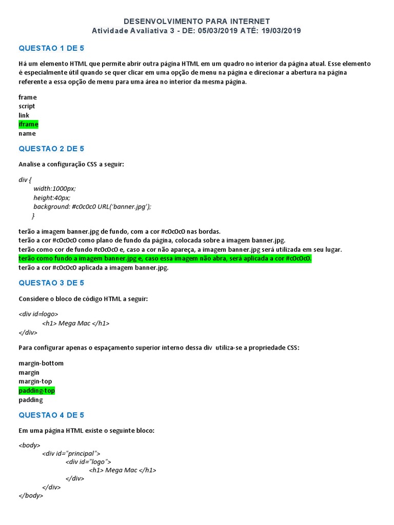Atividade avaliativa sobre desenvolvimento para internet com 5 questões sobre HTML, CSS e listas ...