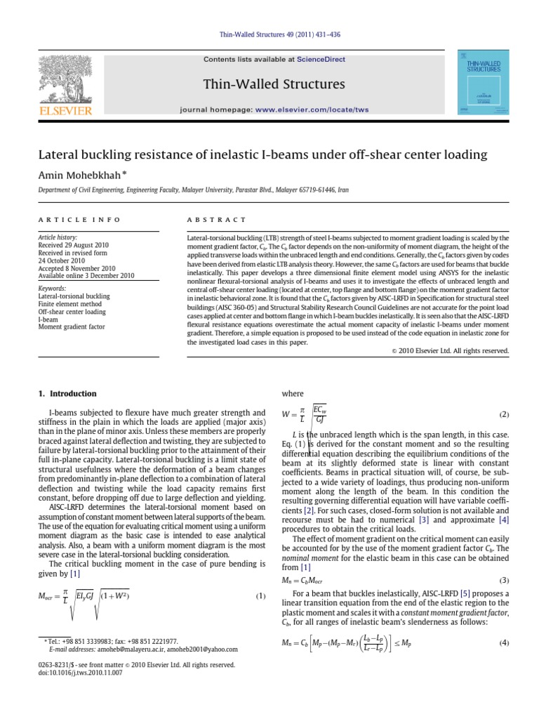 Lateral Buckling Resistance of Inelastici-Beams Under Off-Shear Center ...