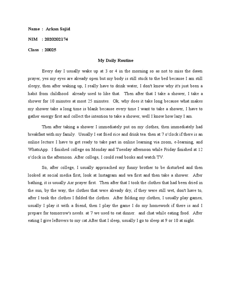Name: Arkan Sajid NIM: 2020202174 Class: 20025 My Daily Routine | PDF ...