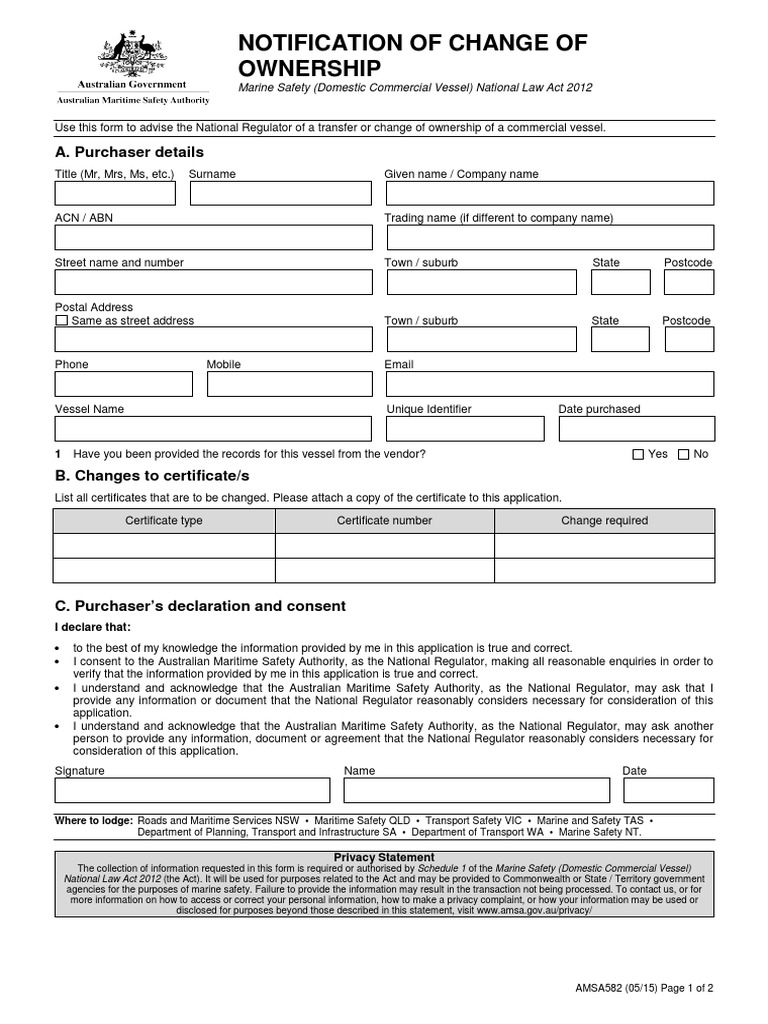 Notification of Change of Ownership: A. Purchaser Details | PDF ...