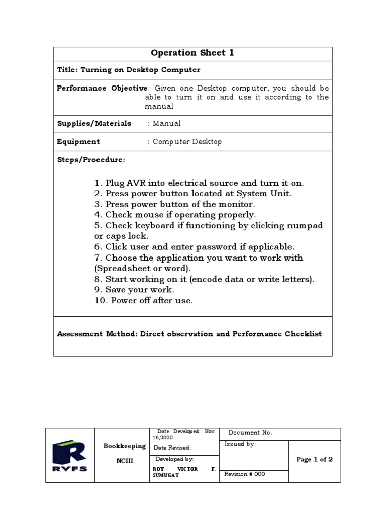 Operation Sheet 1: Title: Turning On Desktop Computer Performance ...