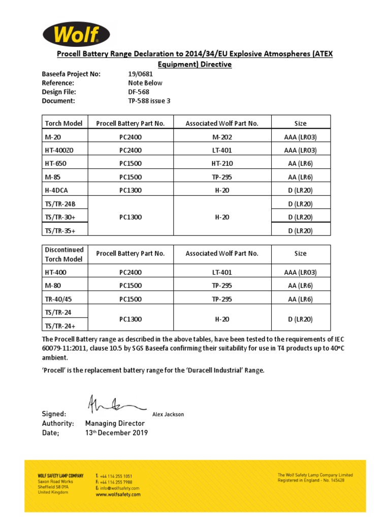 Procell Battery Range Declaration To 2014/34/EU Explosive Atmospheres ...