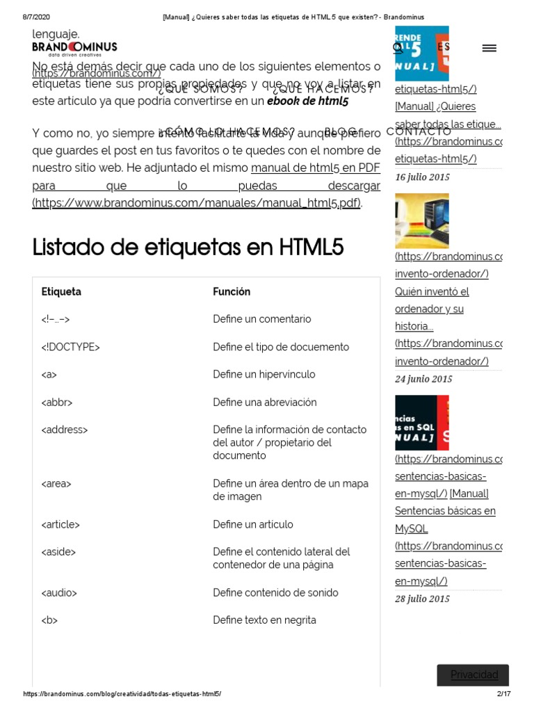 Todas Las Etiquetas html5 Que Existen | Descargar gratis PDF | HTML ...