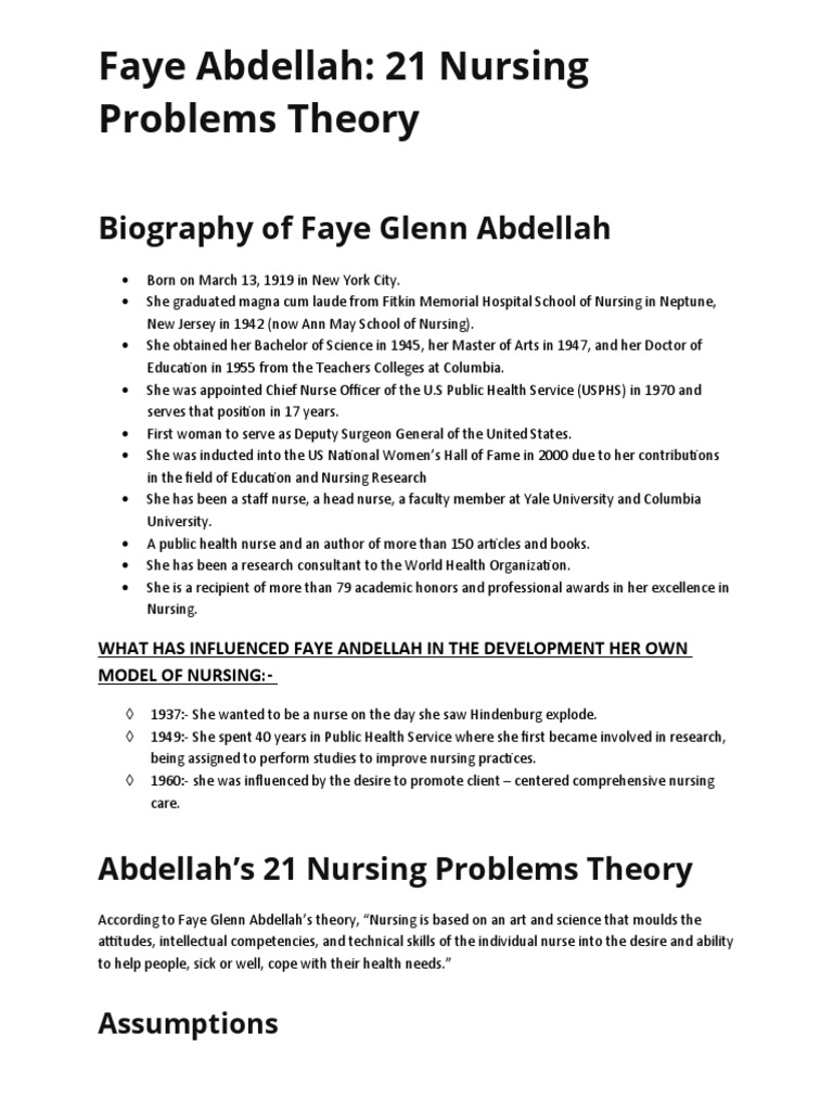Faye Abdellah: 21 Nursing Problems Theory | PDF | Nursing | Evaluation