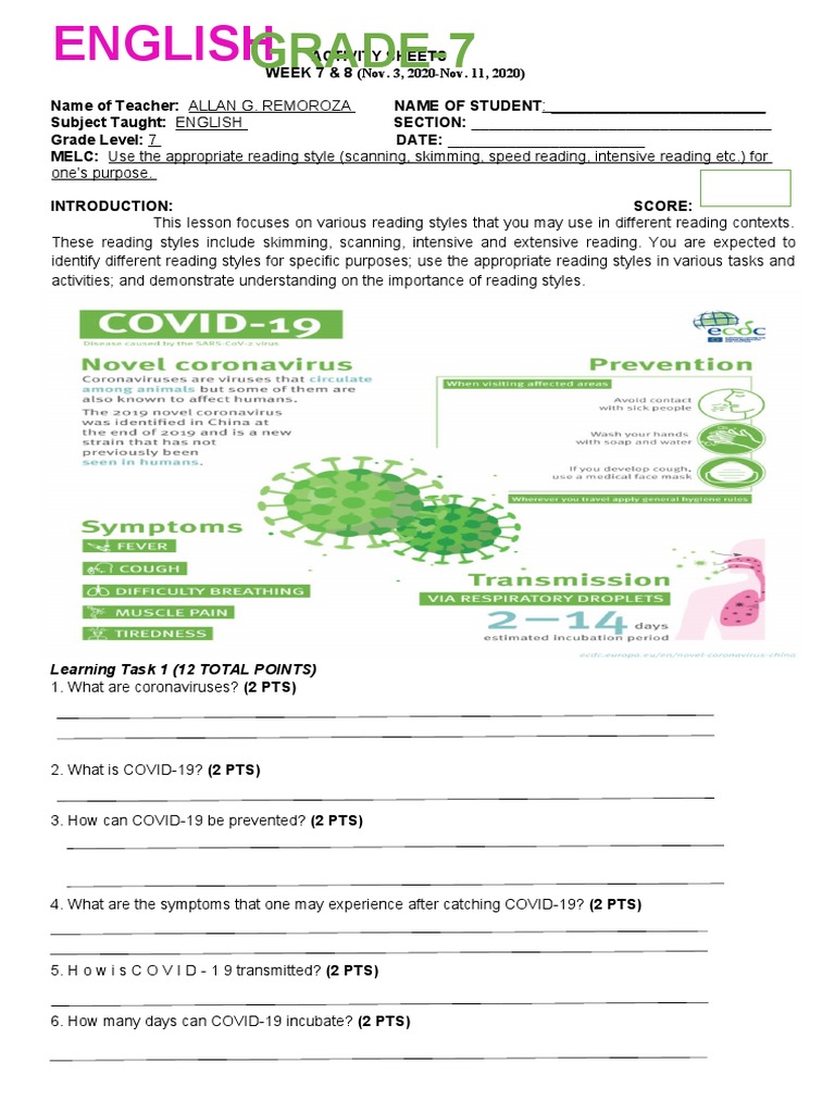 Activity Sheets7-8 (Using Appropriate Reading Style) W7-8 | PDF | Air Pollution | Speed Reading