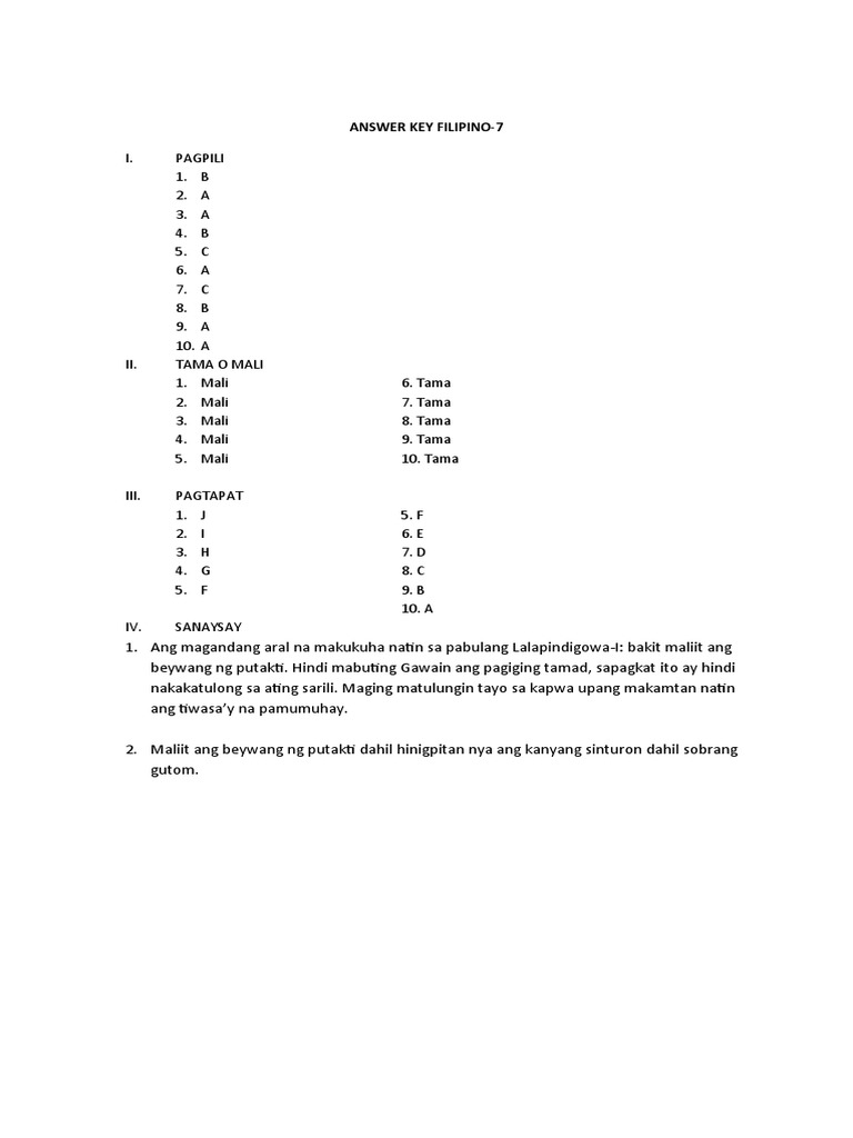 Answer Key Filipino-7 | PDF