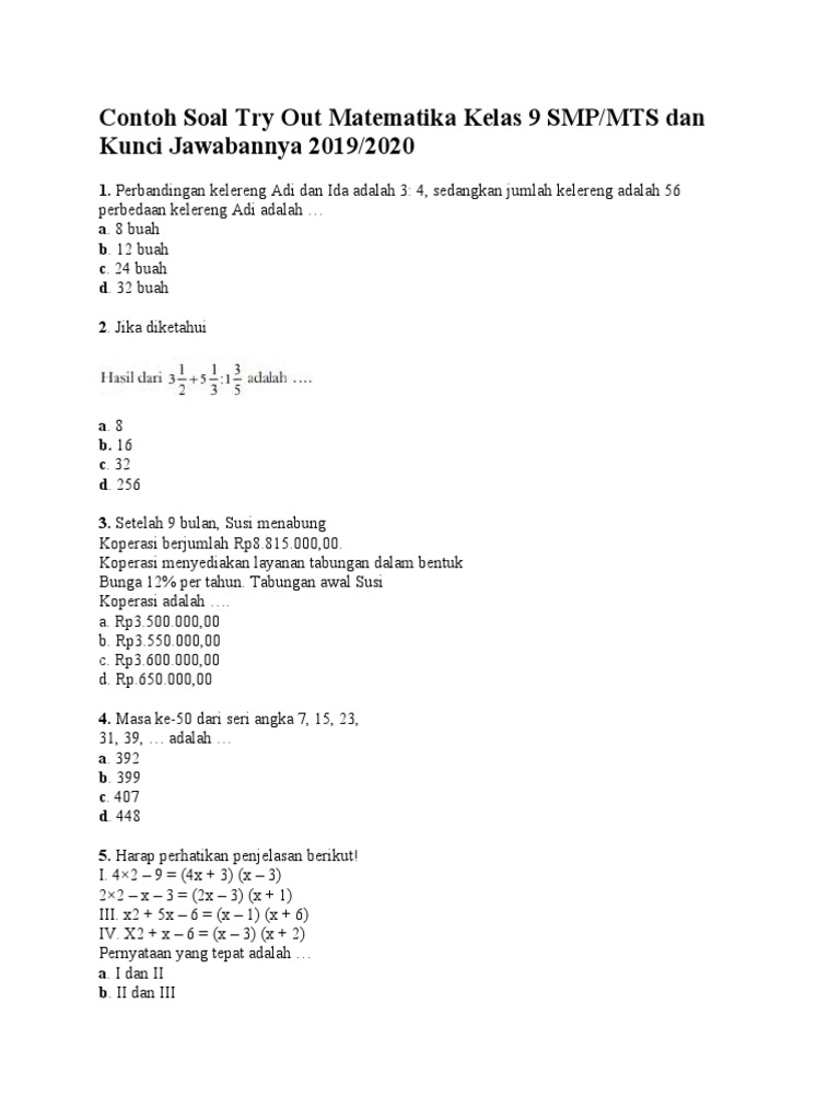 Contoh Soal Try Out Matematika Kelas 9 SMP | PDF | Metode & Bahan Ajar | Griya & Taman