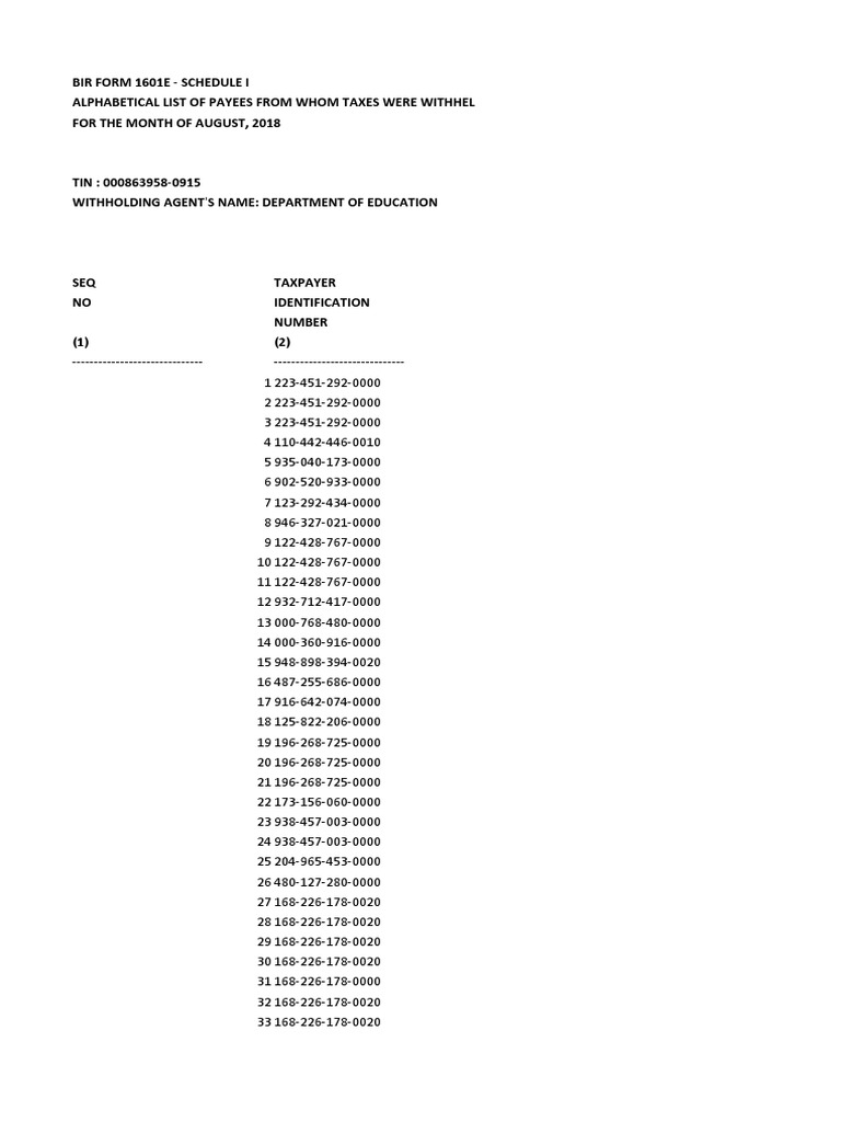 Bir Form 1601E - Schedule I Alphabetical List of Payees From Whom Taxes ...