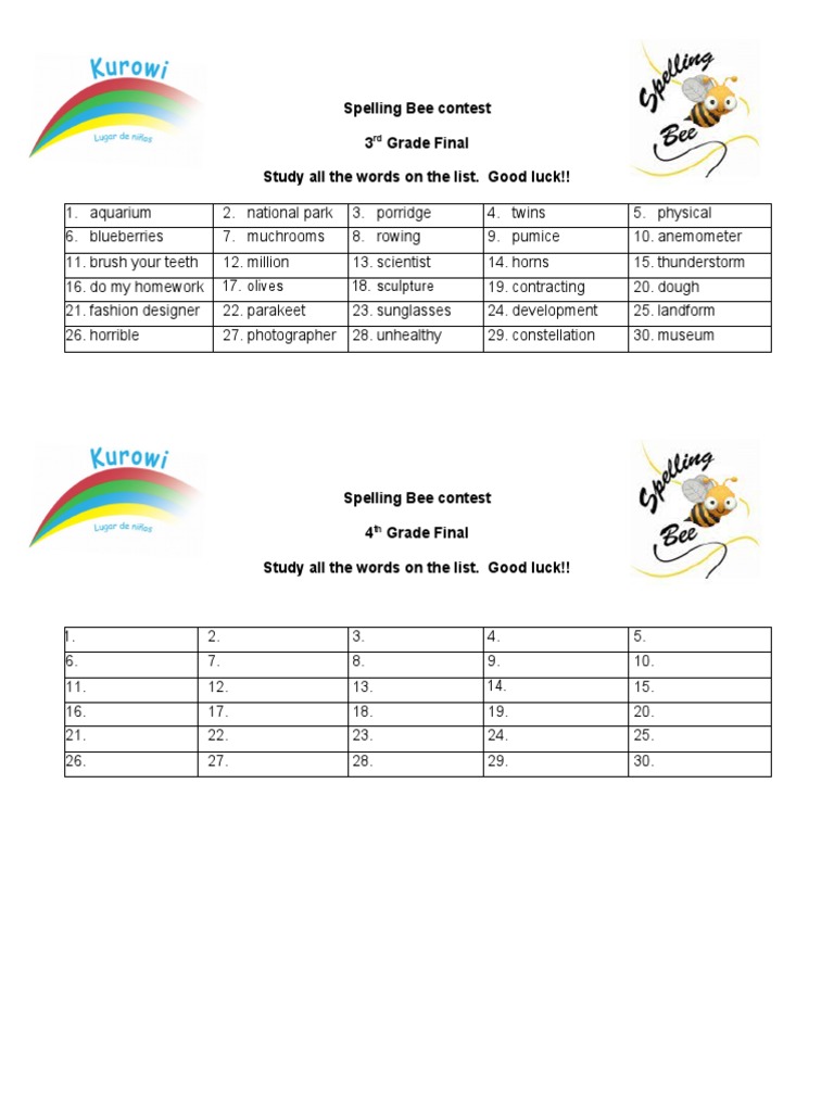 Spelling Bee Contest 3 Grade Final Study All The Words On The List ...
