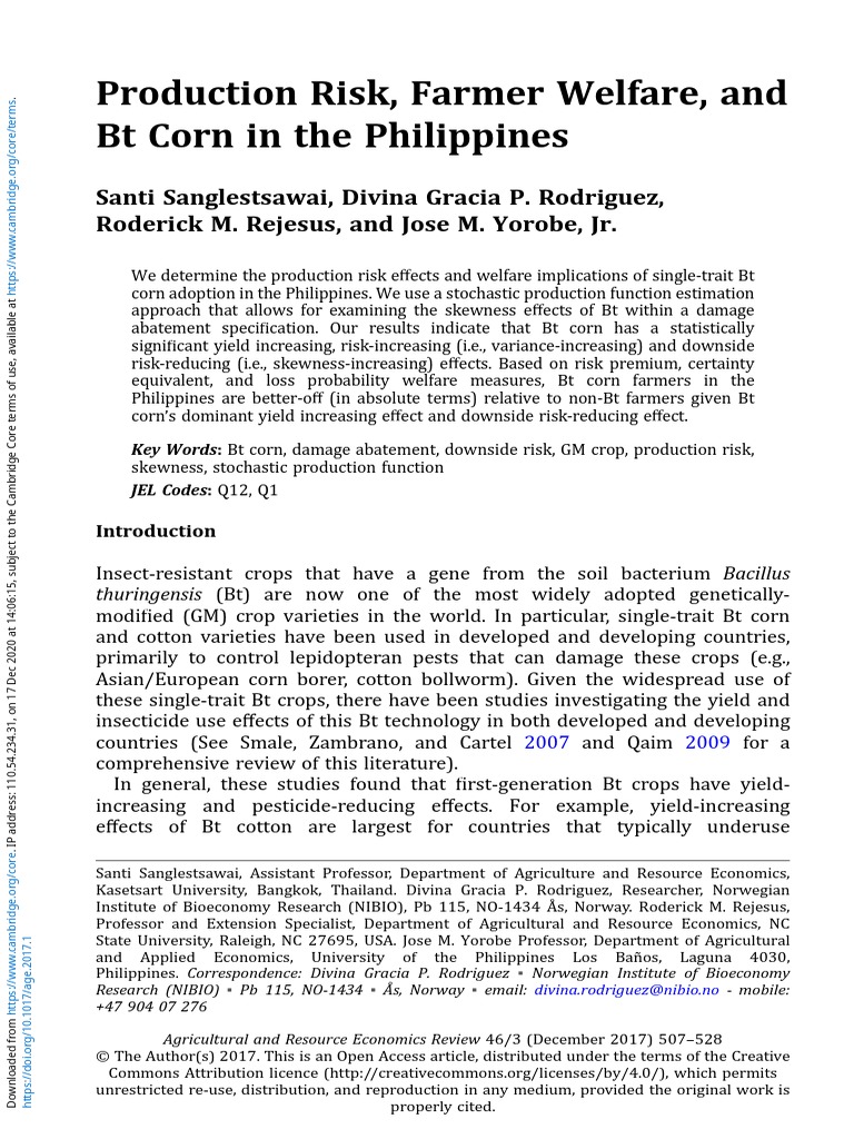Production Risk, Farmer Welfare, and BT Corn in The Philippines | PDF ...