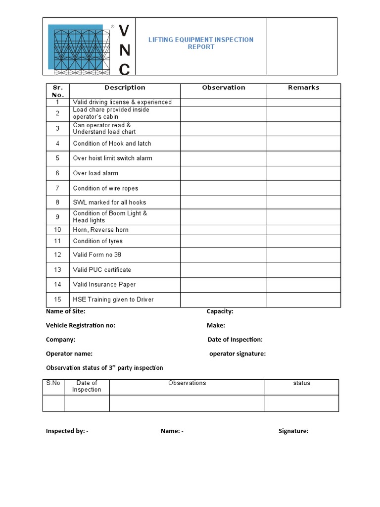 Lifting Equipment Inspection Report | PDF