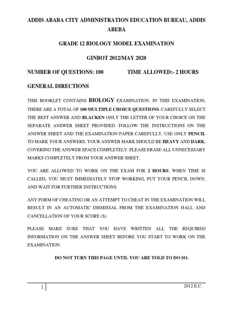 Grade 12 Biology Model Exam 2020 | PDF | Virus | Dna