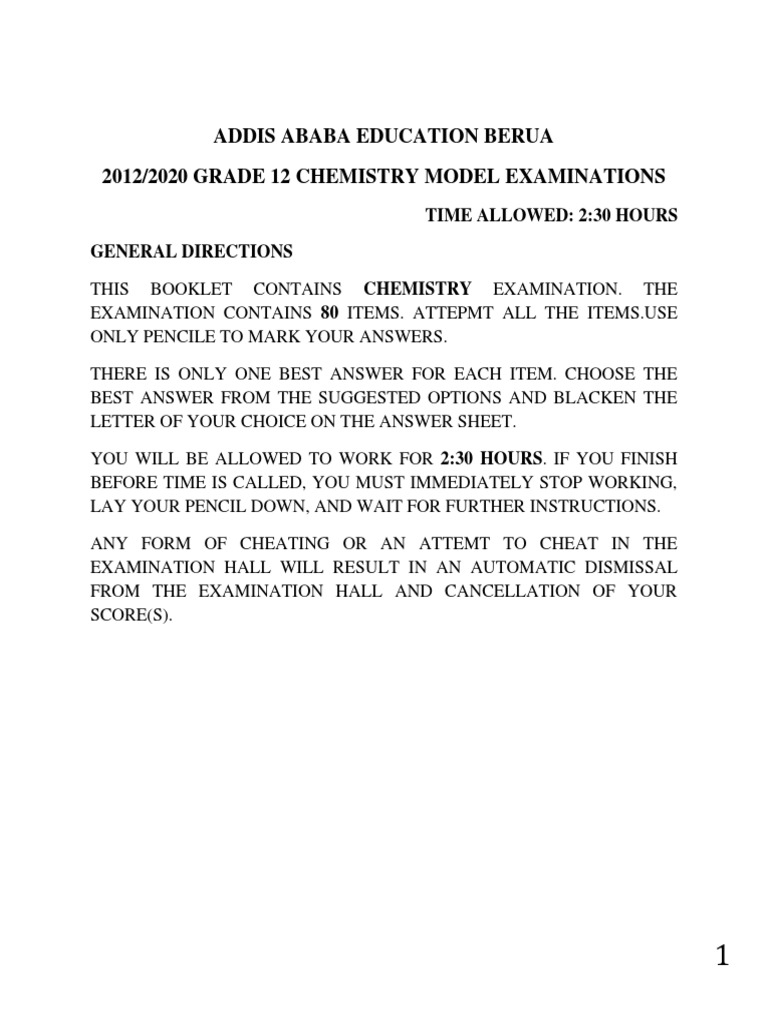 Chemistry Model Exam Grade 12 | PDF | Chemical Bond | Chemical Equilibrium