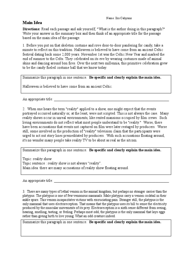 Main Idea: Directions: Read Each Passage and Ask Yourself, "What Is The ...