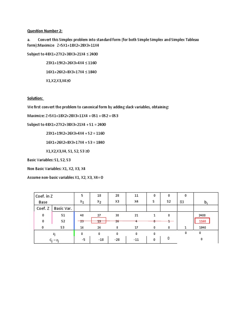 Question Number 2:: Coef. in Z Base B Coef. Z Basic Var | Download Free ...