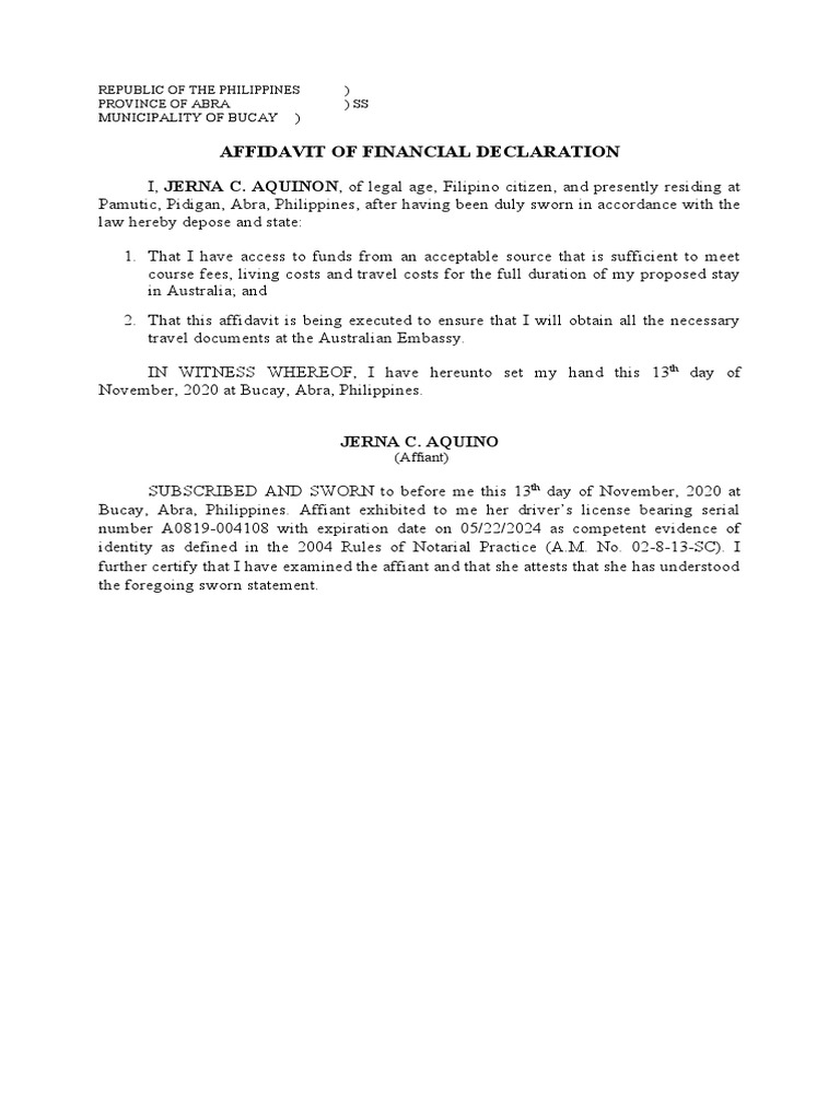 Affidavit of Financial Declaration: Jerna C. Aquino | PDF