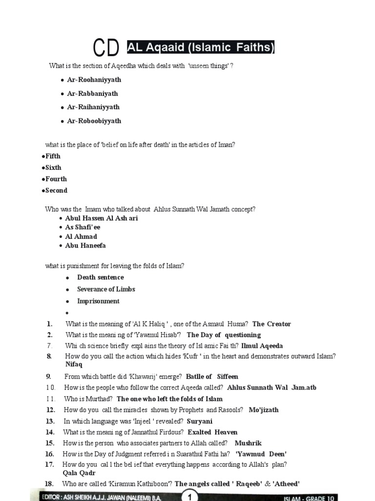 AL Aqaaid (Islamic Faiths) : 'Unseen ? | PDF | Prophets And Messengers ...