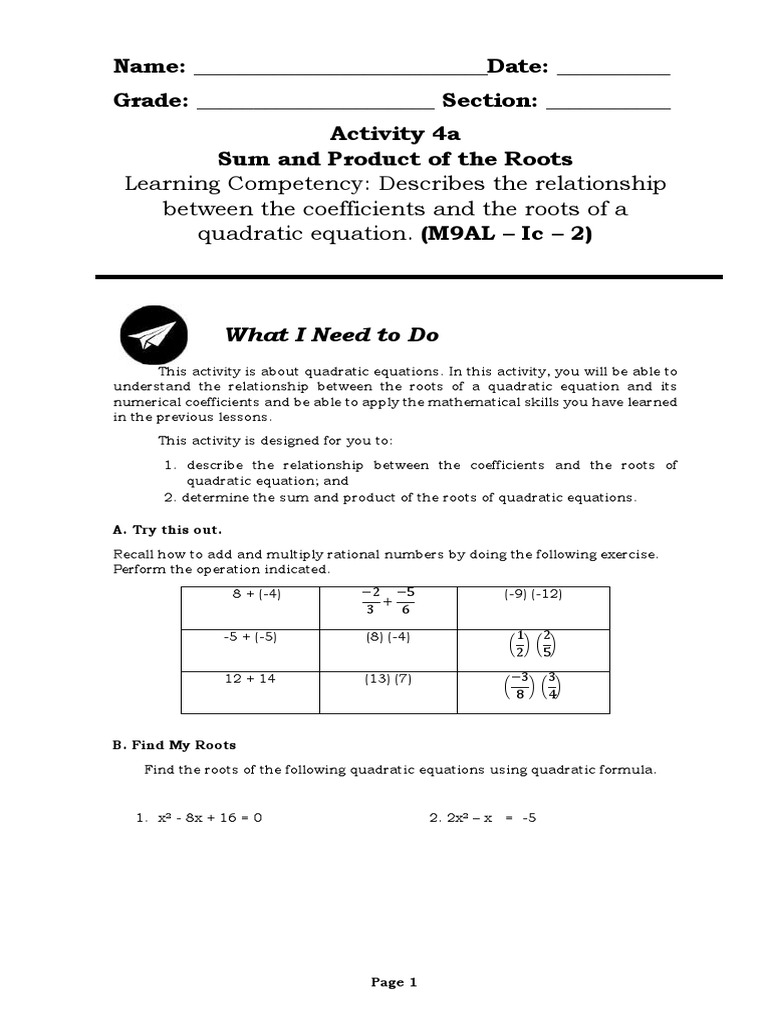 Activity Sheet Q1 Math 9 LC4a | PDF | Quadratic Equation | Equations