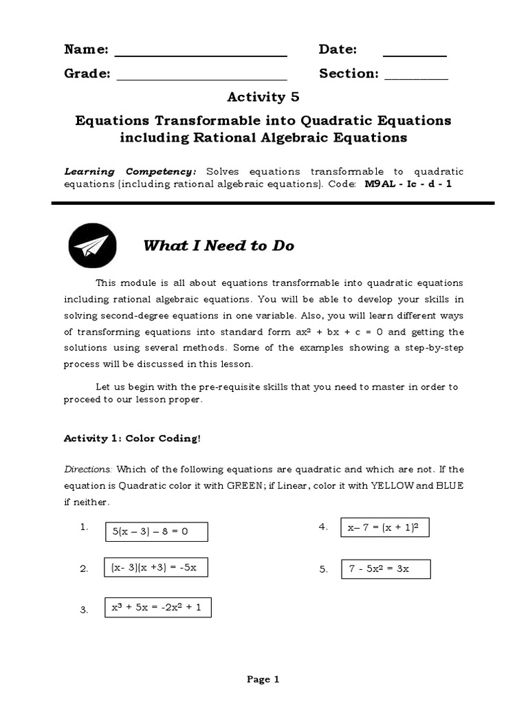Activity Sheet Q1 Math 9 LC5 | PDF | Quadratic Equation | Equations