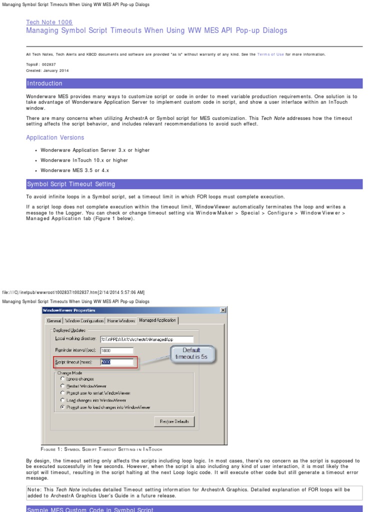 Tech Note 1006 - Managing Symbol Script Timeouts When Using WW MES API Pop-Up Dialogs | PDF ...