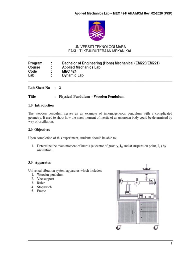 Dynamics Lab Sheet 2 - Physical Pendulum Experiment - PKP PDF | PDF ...