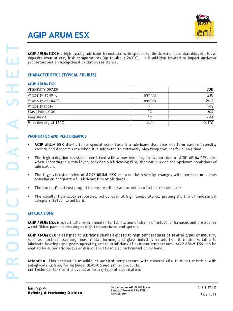 Characteristics (Typical Figures) Agip Arum Esx | PDF | Lubricant ...
