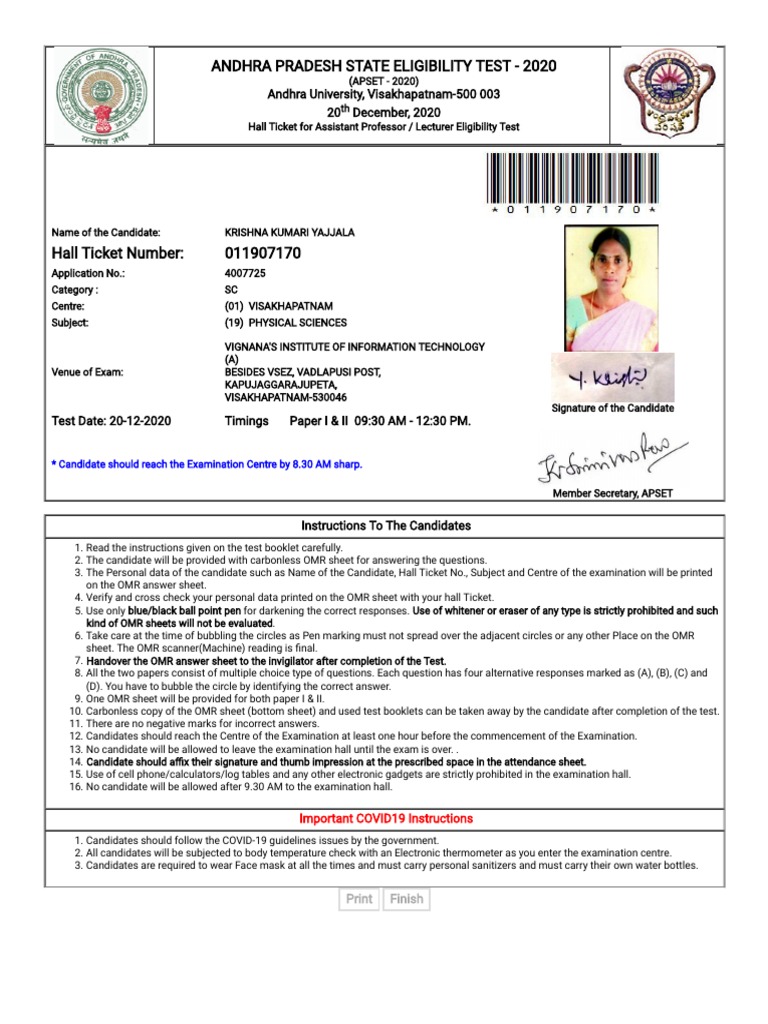 APSET 2020 Hall Ticket Details | PDF | Test (Assessment) | Computing
