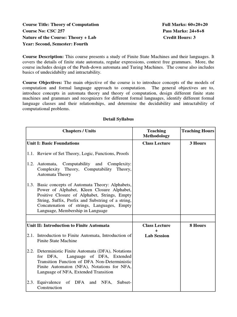 Syllabus Theory Of Computation Csc257 Pdf Theory Of Computation Computational Complexity