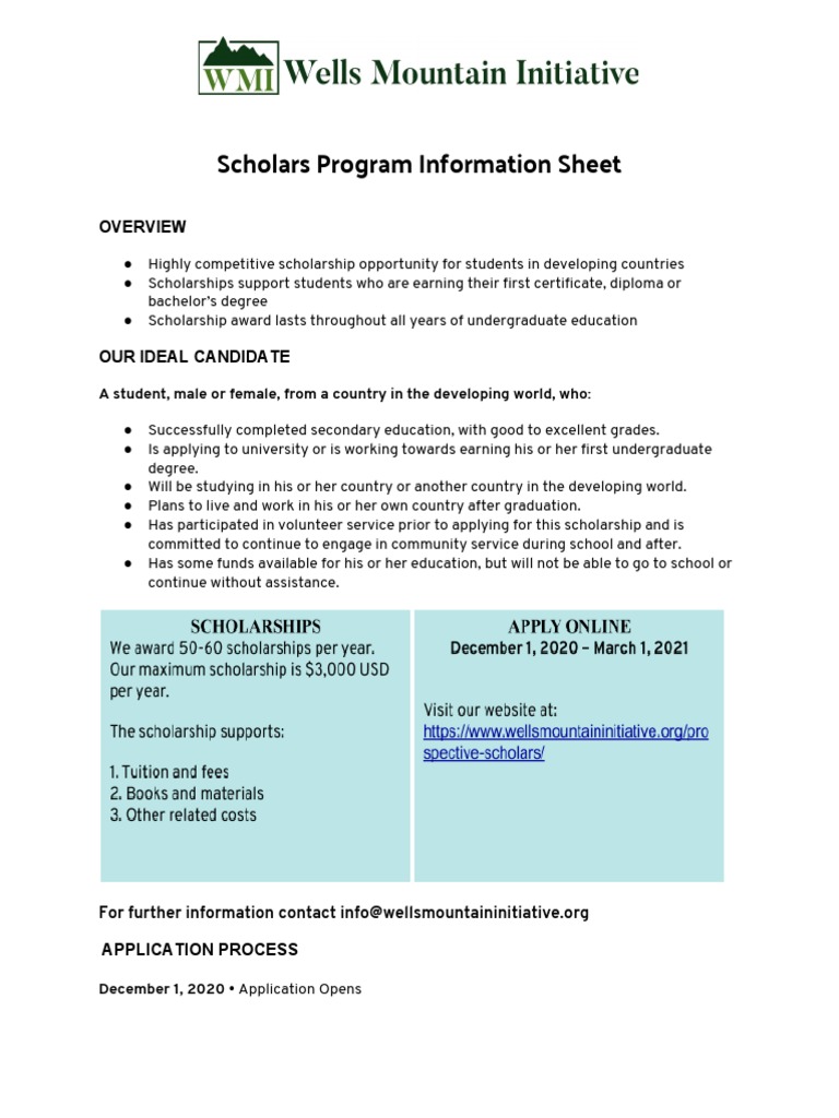 Scholars Program Information Sheet: A Student, Male or Female, From A ...