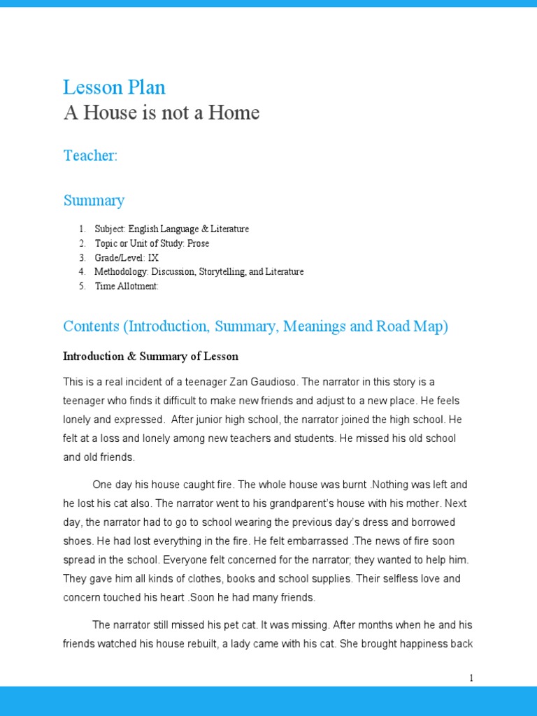 A House Is Not A Home: Lesson Plan | PDF | Behavior Modification ...