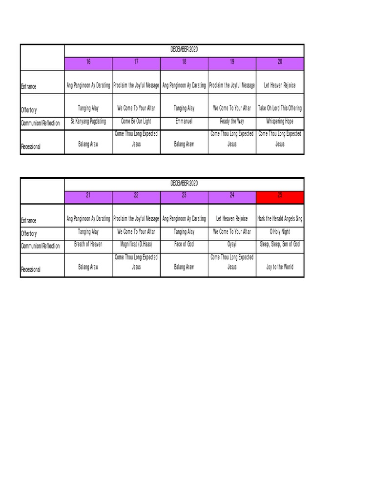 Mass Line Up December 16 To 25 2020 | PDF