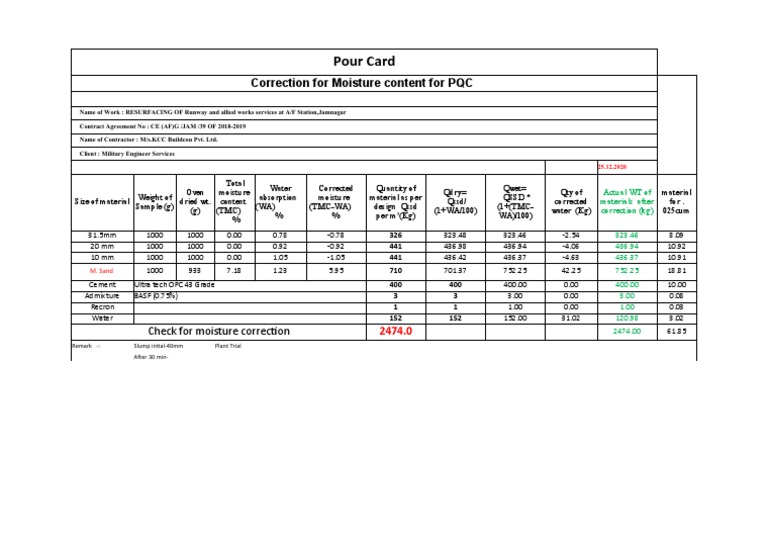Pour Card: Correction For Moisture Content For PQC | PDF | Building ...