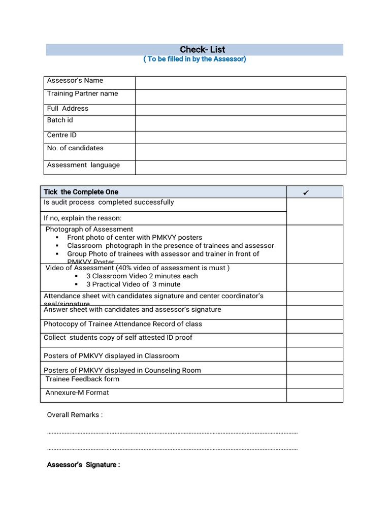 Assessor Check List PDF | PDF