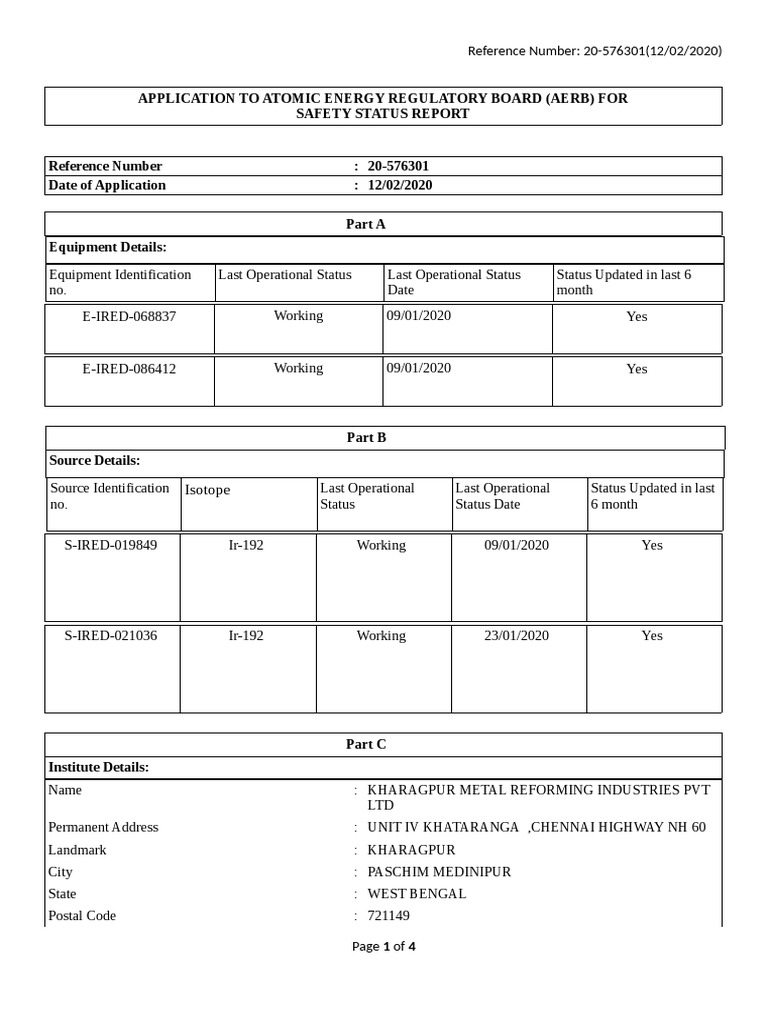 Application To Atomic Energy Regulatory Board (Aerb) For Safety Status ...
