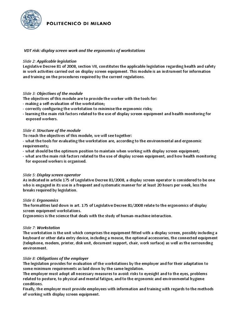 VDT Risk: Display Screen Work and The Ergonomics of Workstations | PDF ...
